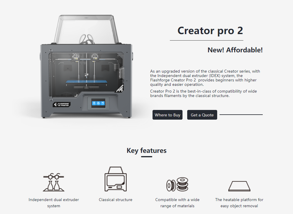 FlashForge Creator Pro 2 | Dual Independent Extruder 3D Printer